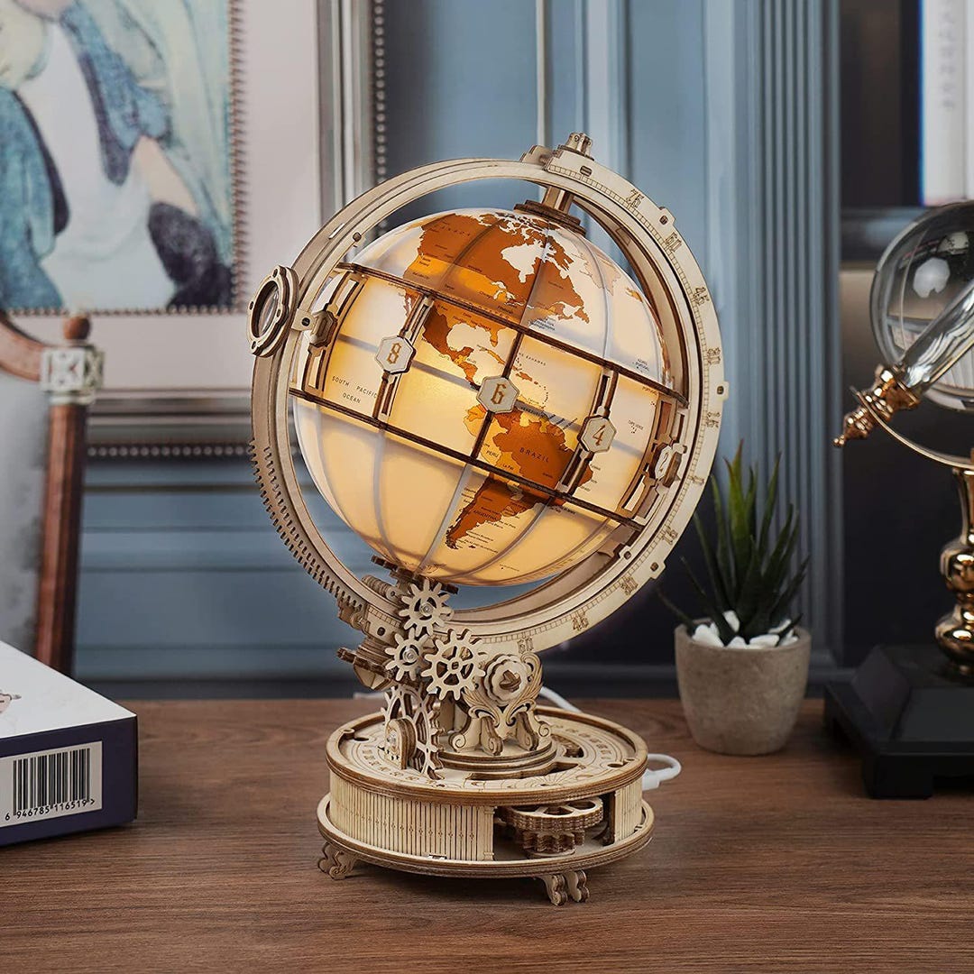 DIY Wooden Globe Lamp Kit: Rotating Gears, LED Light, 3D Puzzle - Etsy