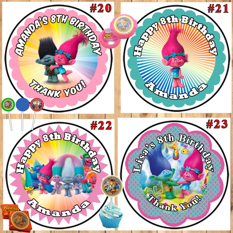 Trolls Birthday Round Stickers Favor 1 Sheet Personalized Printed - Etsy