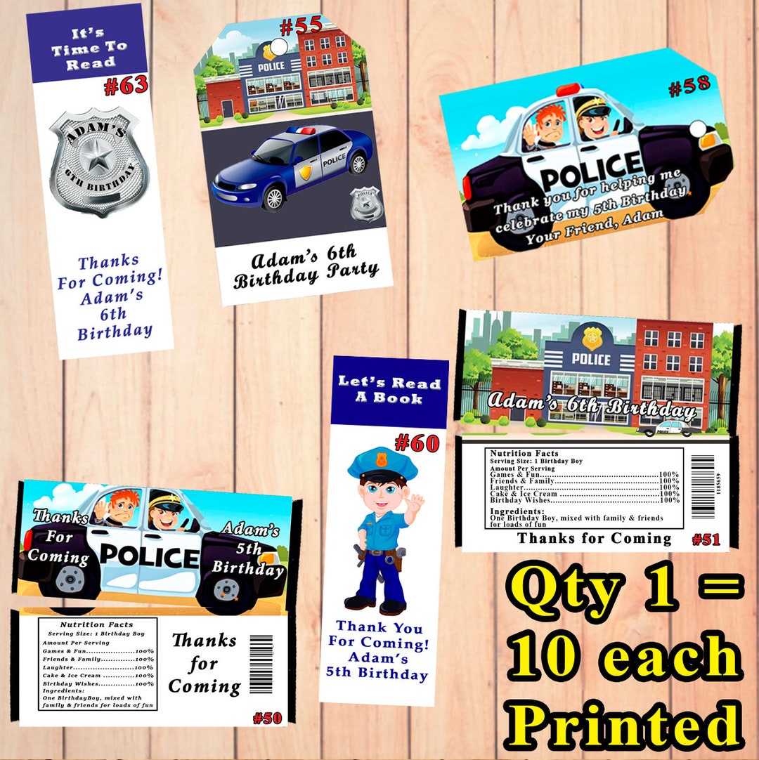 Personalized Police Birthday Party Favors: Candy Wrappers, Bookmarks ...