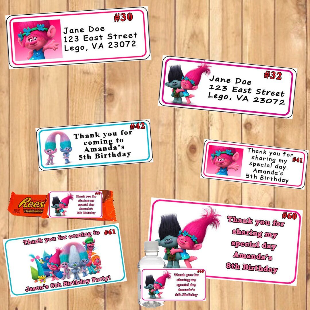 Trolls Birthday Stickers Address Favor Thank You Labels 1 Sheet ...