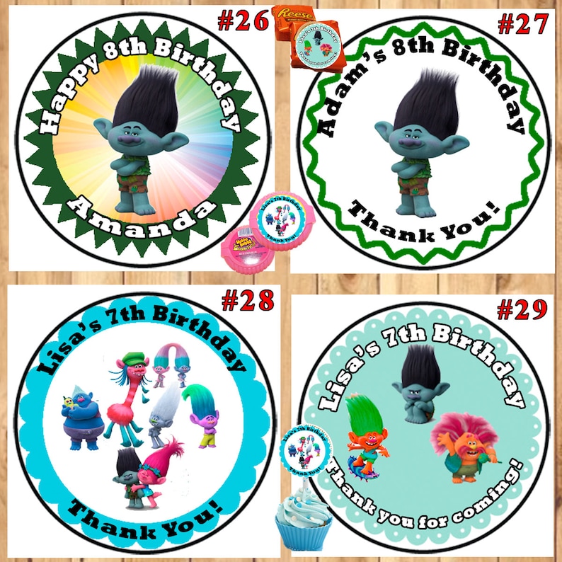Trolls Birthday Round Stickers Favor 1 Sheet Personalized Printed - Etsy