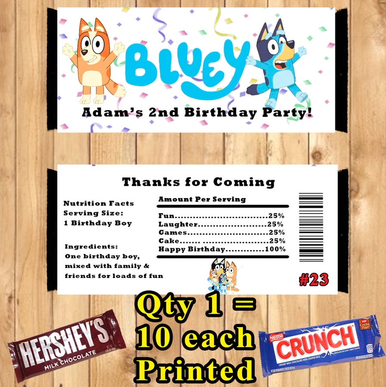 Bluey Birthday Candy Bar Wrappers 10 Each Personalized Printed - Etsy