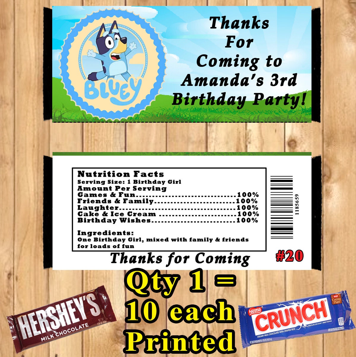 Bluey Birthday Candy Bar Wrappers 10 Each Personalized Printed - Etsy