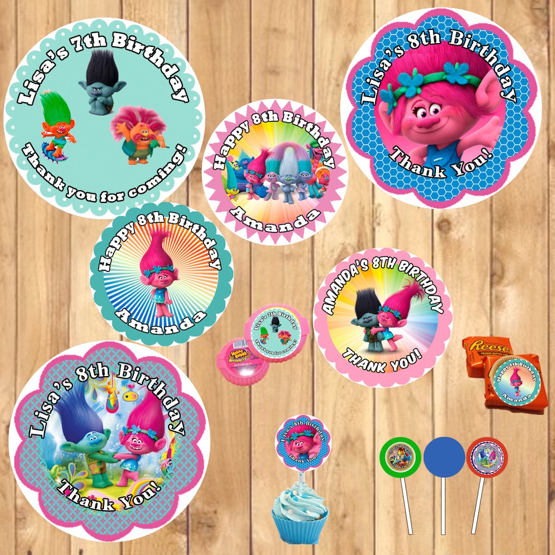 Trolls Birthday Round Stickers Favor 1 Sheet Personalized Printed - Etsy