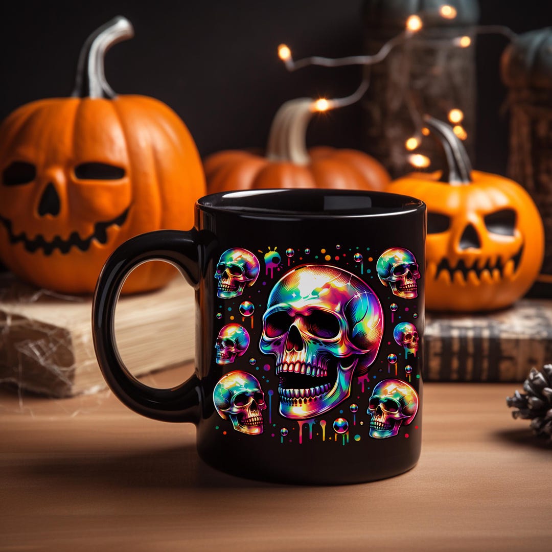 Holographic Skulls Mug, Gothic Coffee Cup, Black Ceramic Tea Mug, Halloween Skeleton Drinkware ...
