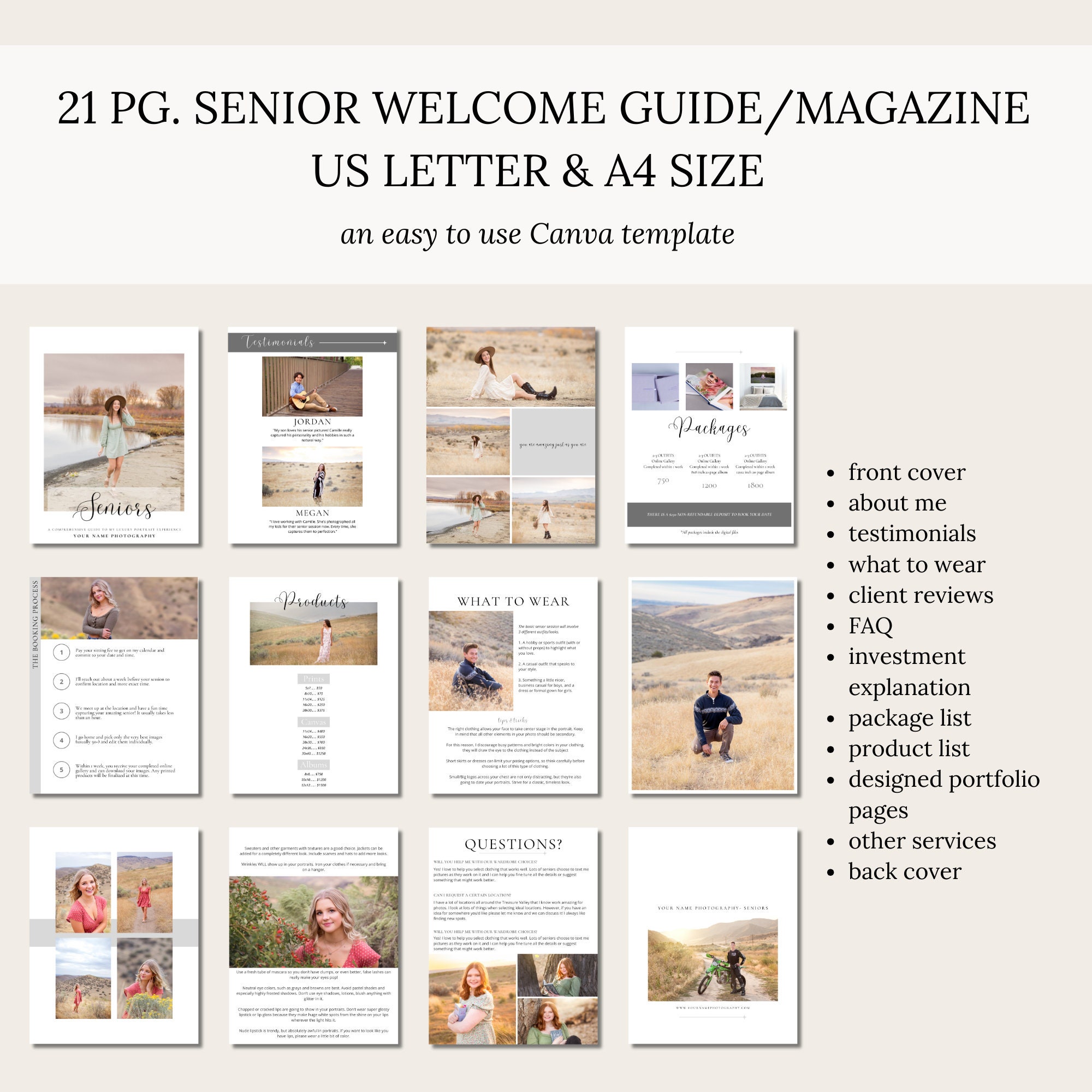 Senior Photography Guide, CANVA Template, Style Guide, Marketing ...