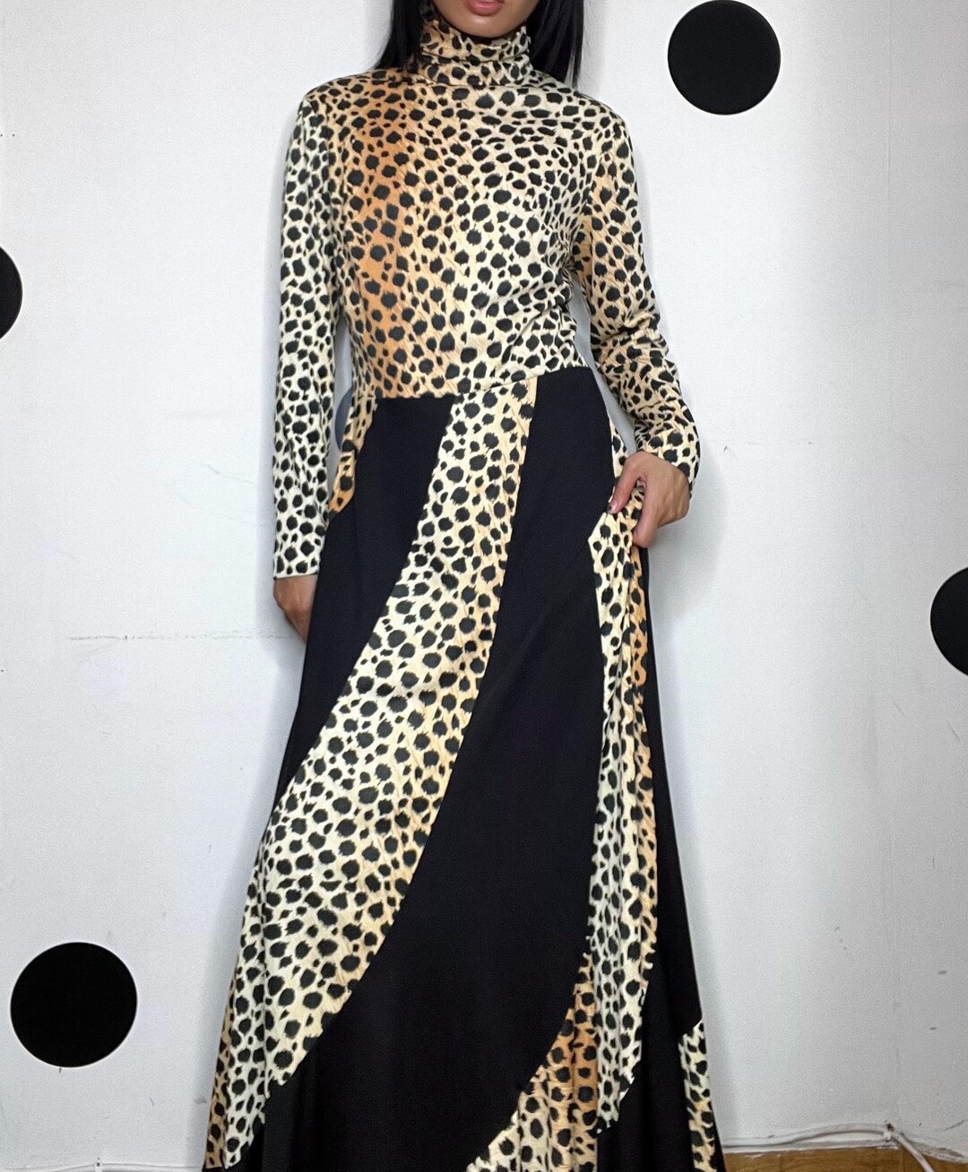 Vintage 80s Leopard Print Maxi Dress - Turtleneck Animal Print - Etsy