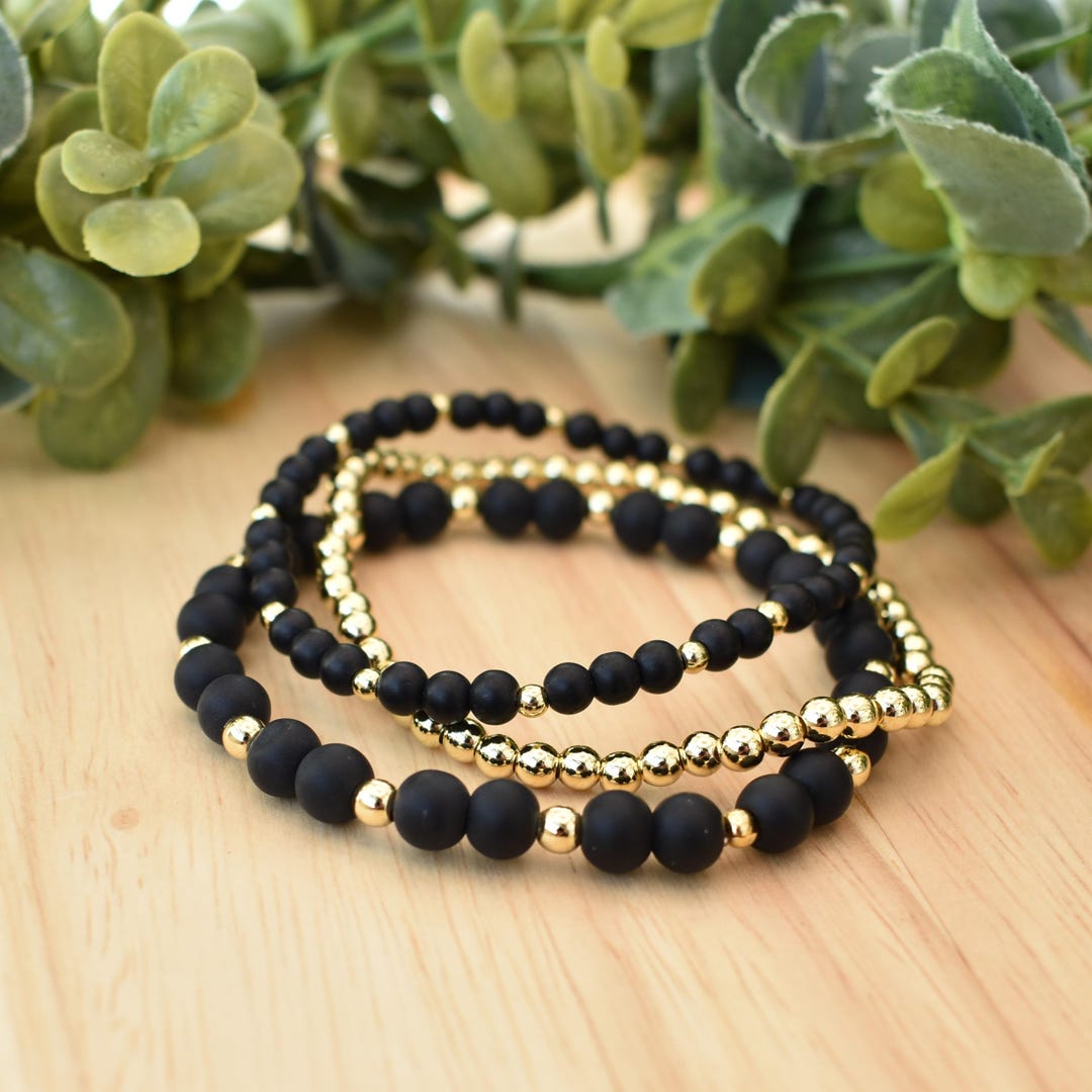 18k Gold Filled and Matte Black Glass Bracelet Set, 4mm Gold Filled ...