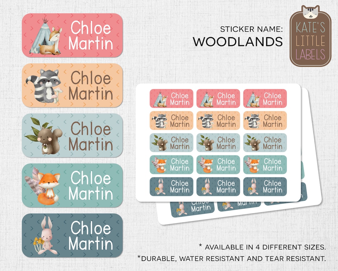 Personalized Woodland Themed Name Labels, Kids Name Sticker Labels ...