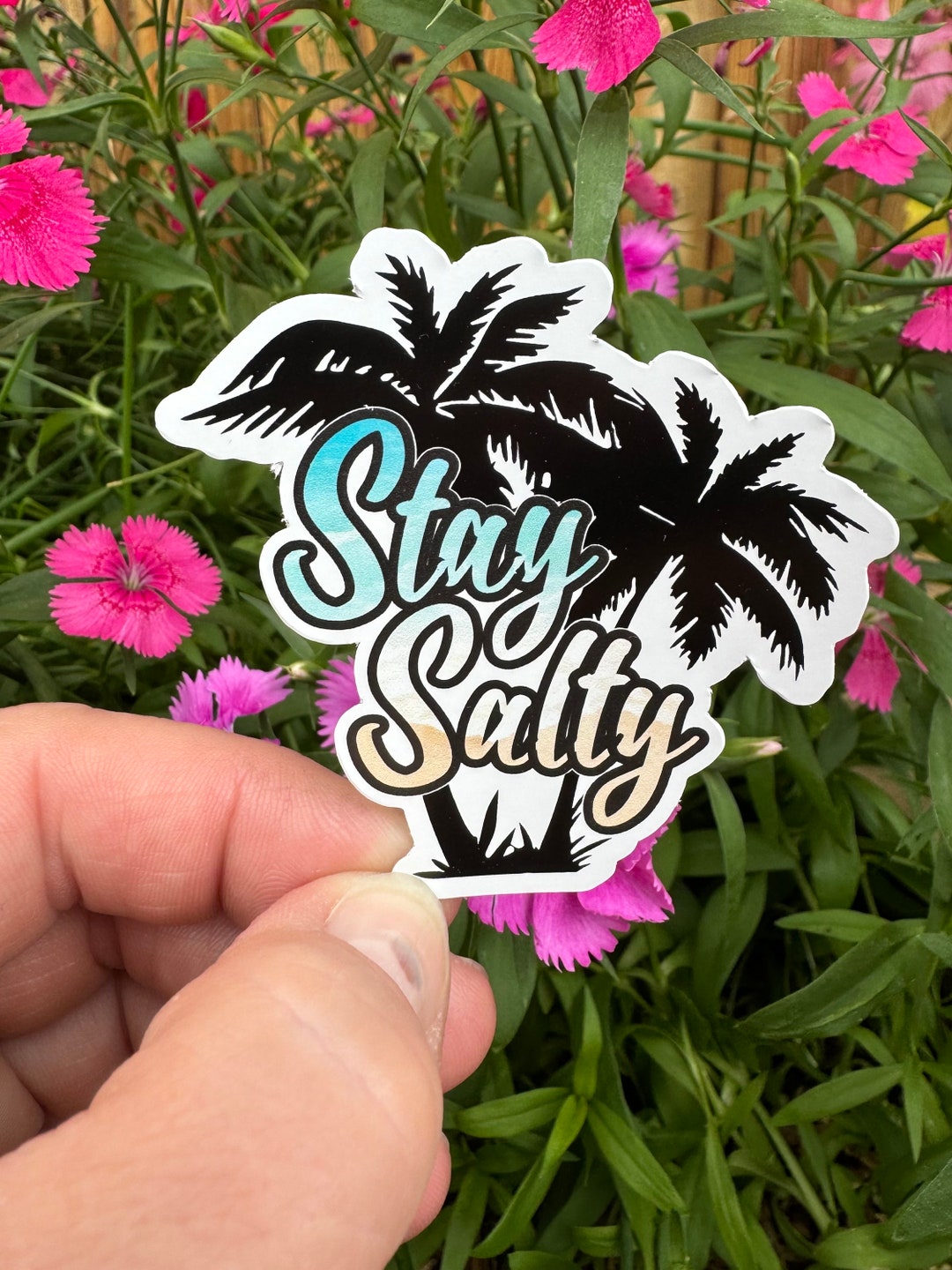 Stay Salty Sticker Beach Vibes Palm Tree Sandy Beaches Water Bottle ...