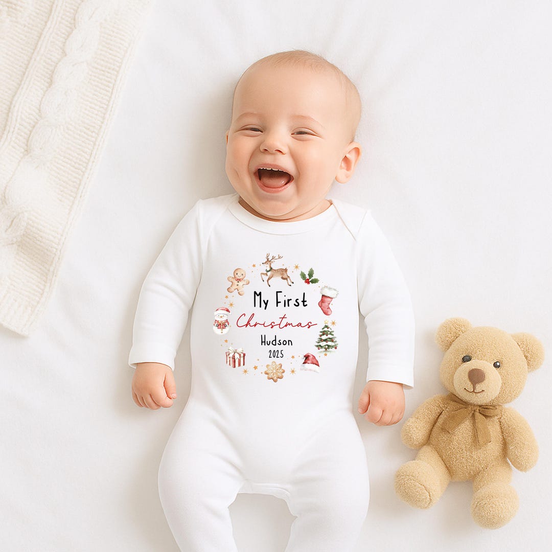 Personalised My First Christmas Babygrow - Sleepsuit Cute Xmas Wreath ...