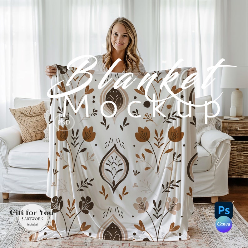 Velveteen Plush Blanket Mockup Photoshop PSD, Smart Object, Canva Drag ...