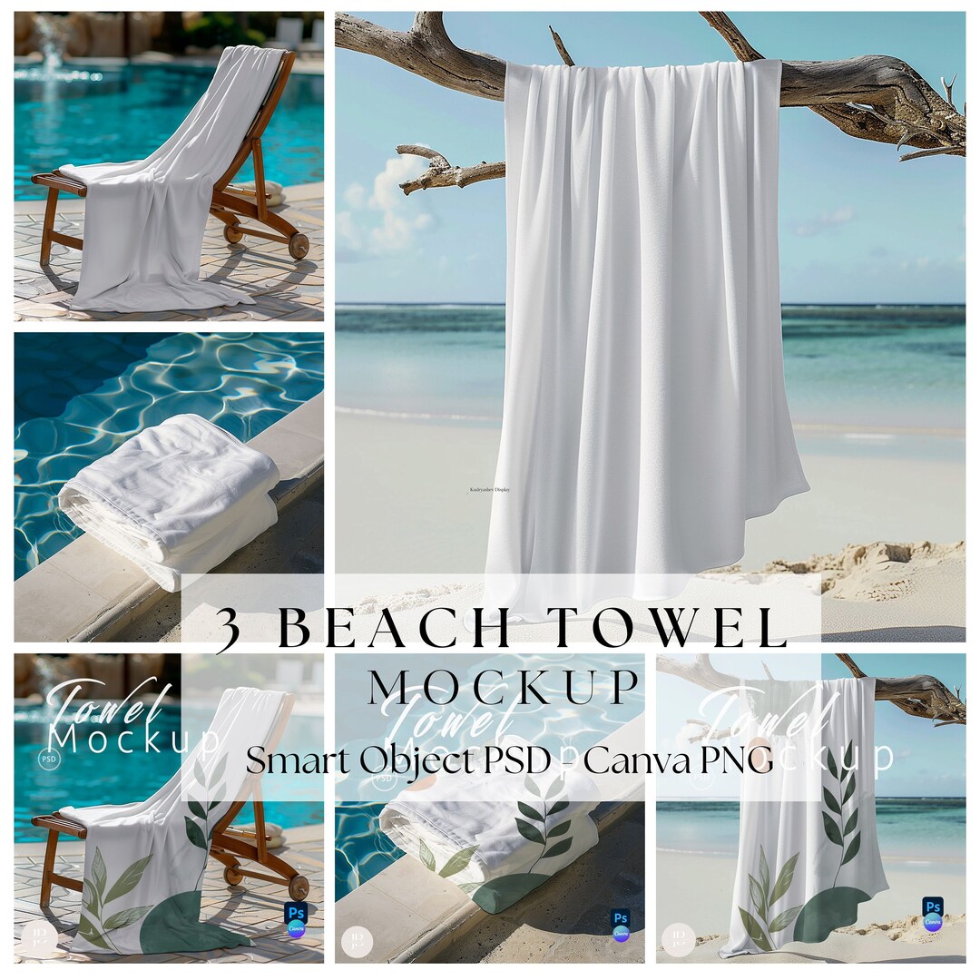 Beach Towel Mockups Bundle Photoshop, Bundle 3 Towels Mockup Template ...