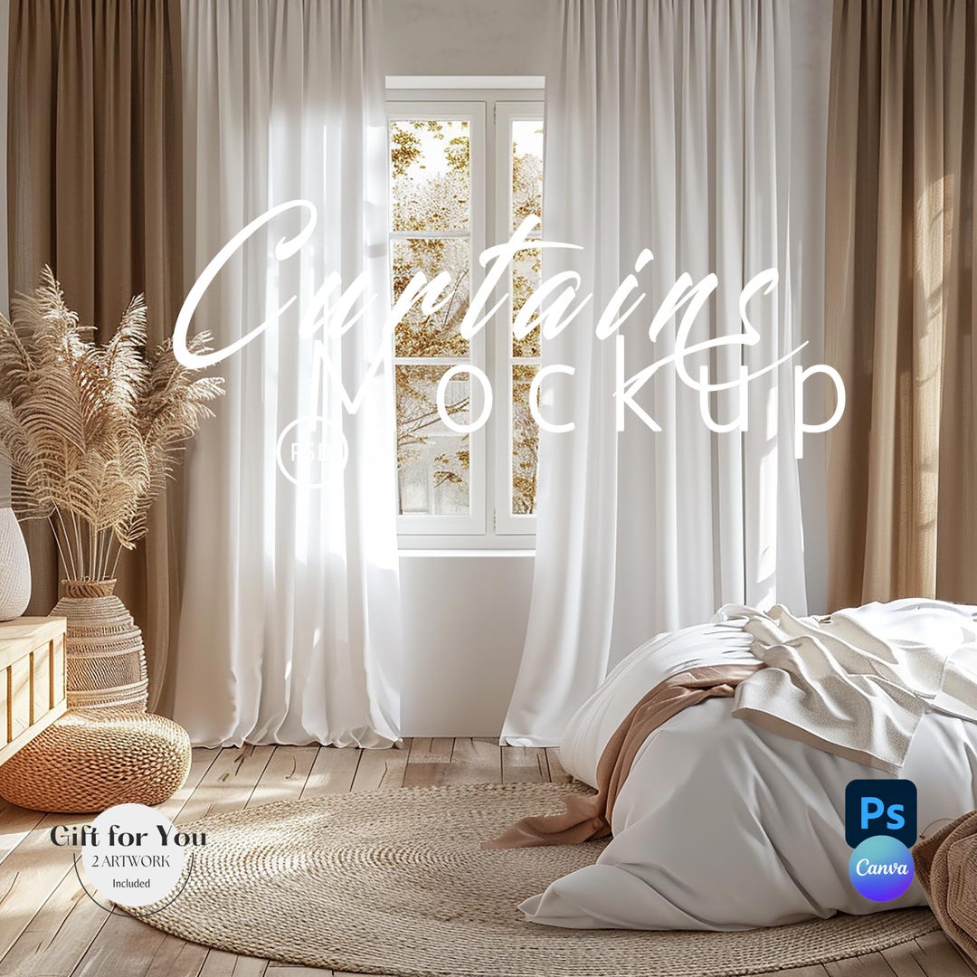 Bedroom Curtain Mockup, Drag & Drop, Canva Overlay (digital Download ...