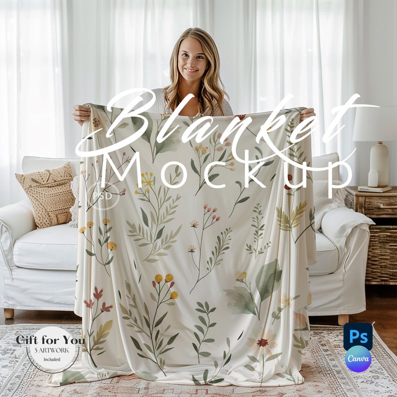 Velveteen Plush Blanket Mockup Photoshop PSD, Smart Object, Canva Drag ...