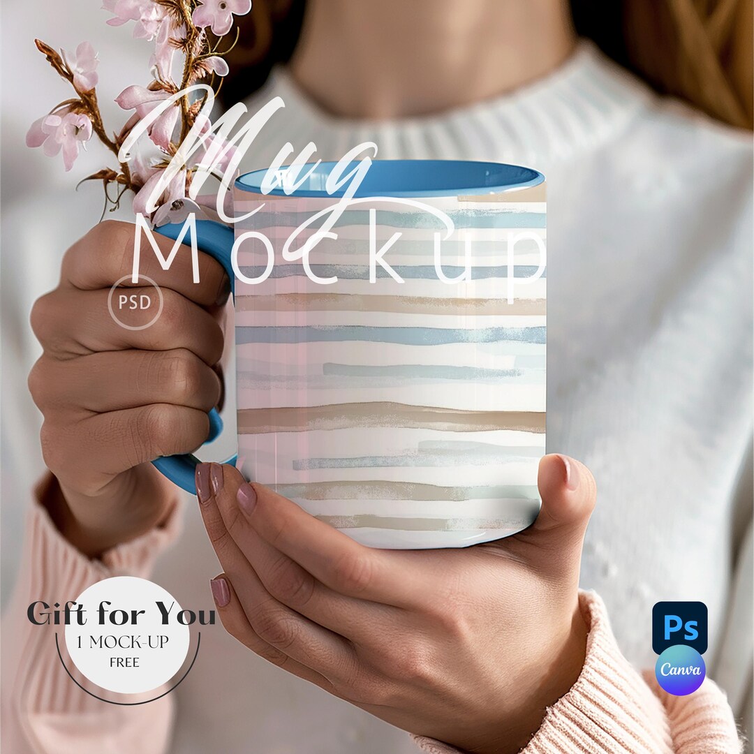 Blue Mug Mockup, 11 Oz Mug Blue Handle, Mockup Canva Drag and Drop PNG ...