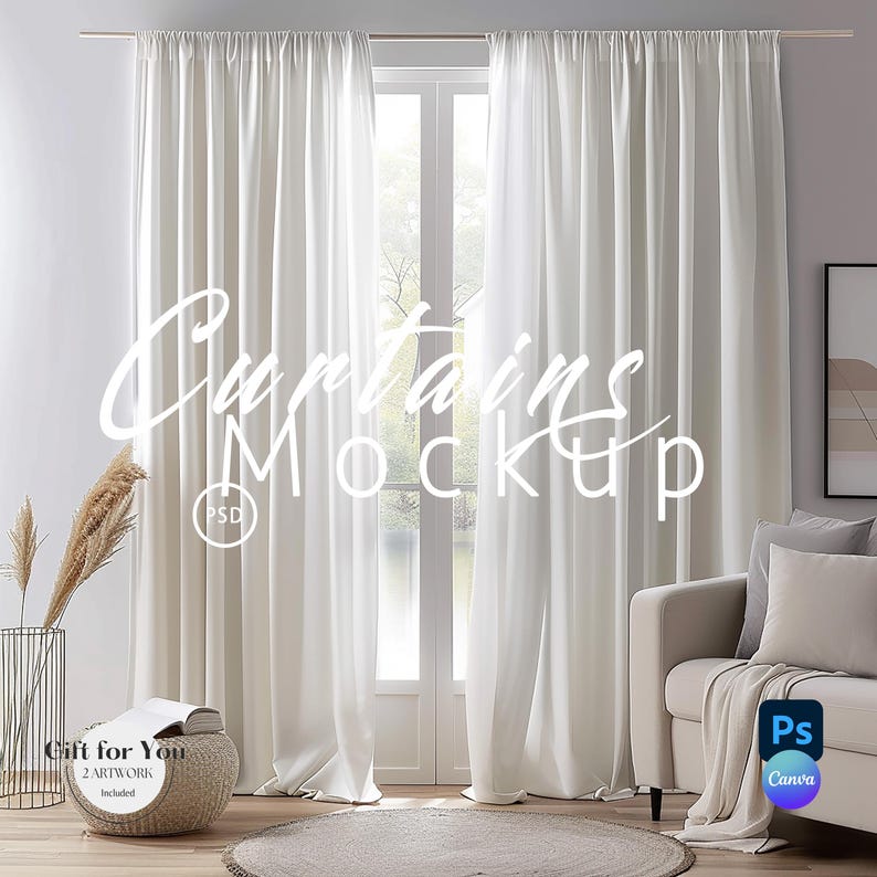 Curtain Mockup, Bundle 4 Living Room Curtain Mock Ups,photoshop Mock Up ...