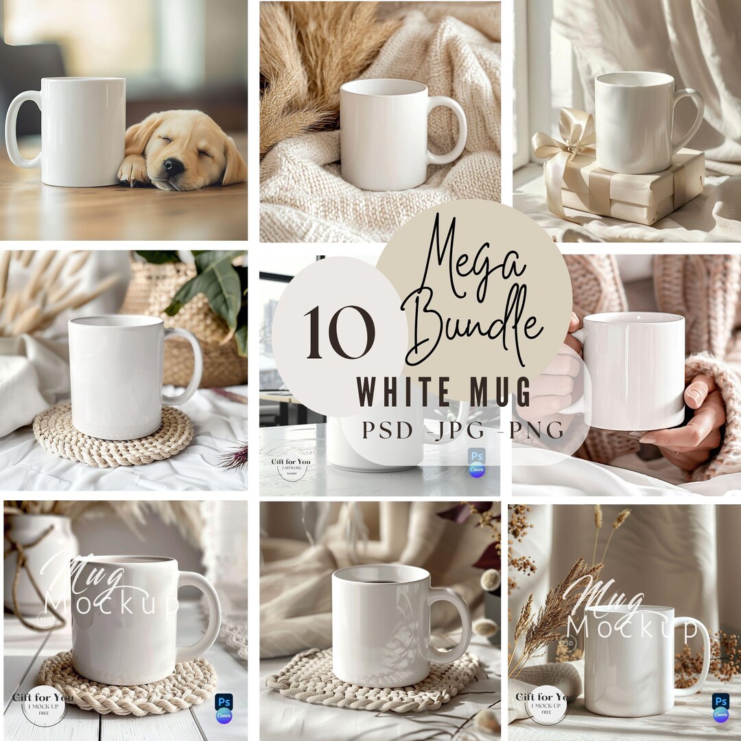 White Mug Mockup, Bundle 10, 11 Oz Blank Cup Coffee Mock up Photoshop ...