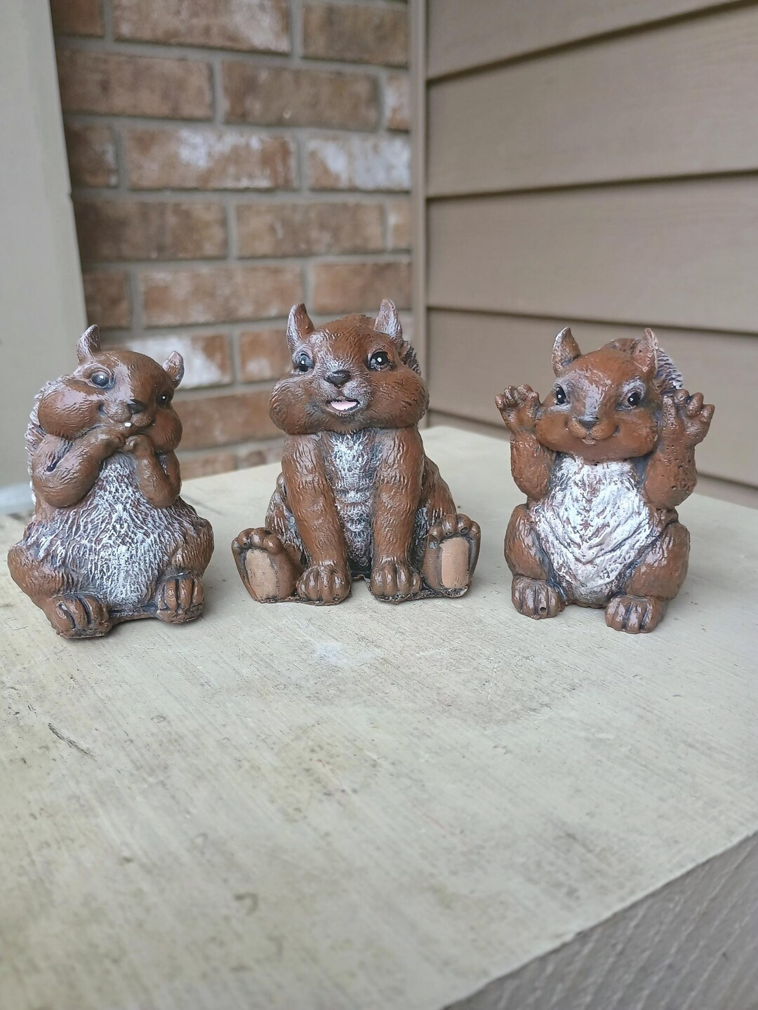 Three Small Painted Concrete Squirrels Cement Animal Statue Garden ...