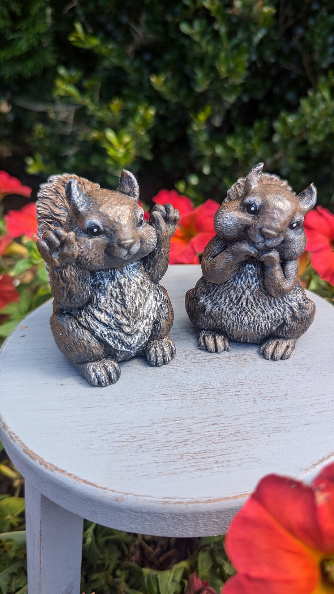 Two Small Painted Concrete Squirrels Cement Animal Statue Stone Garden ...