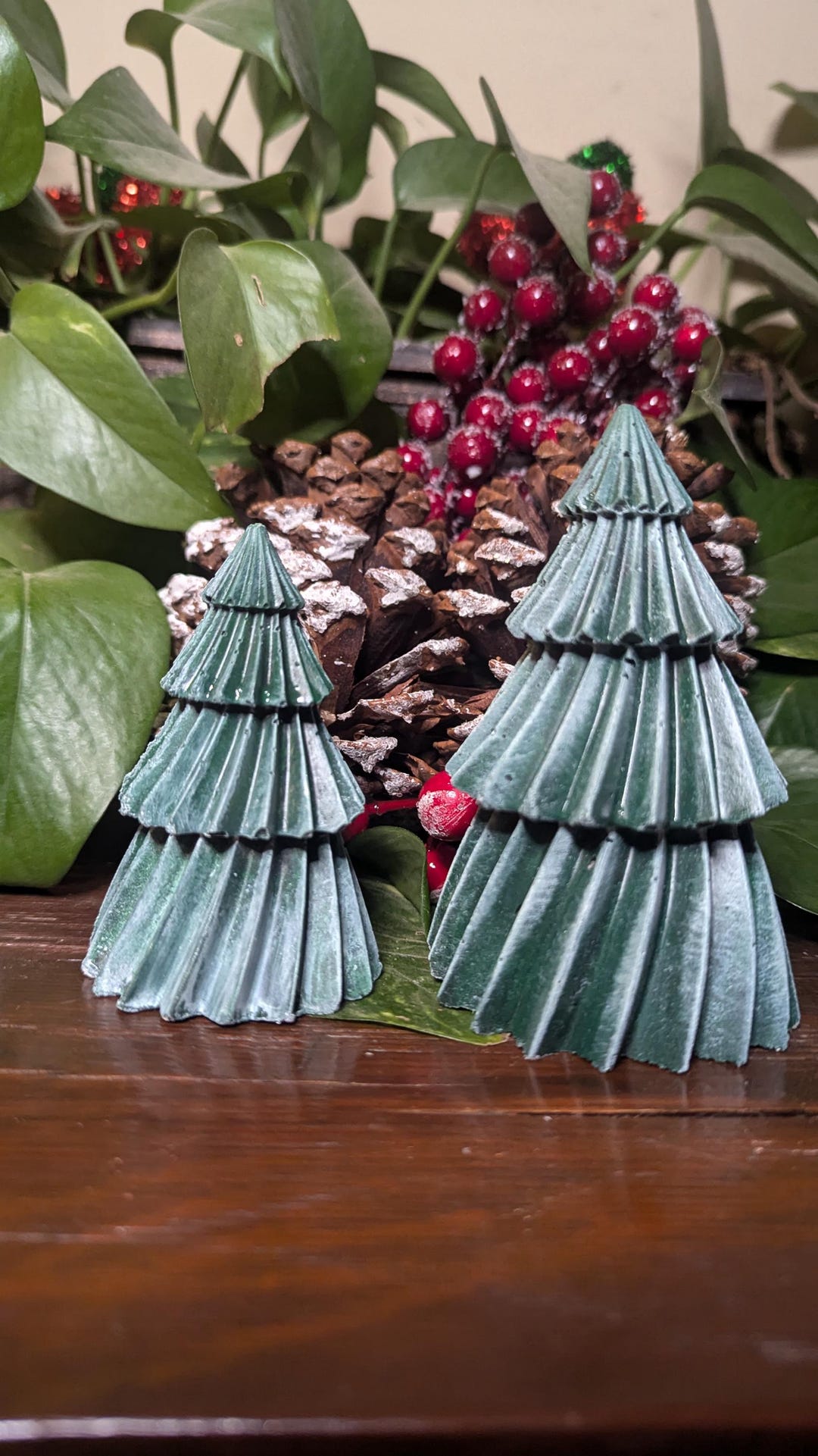 Set of Two Painted Concrete Christmas Trees Festive Cement Tabletop ...