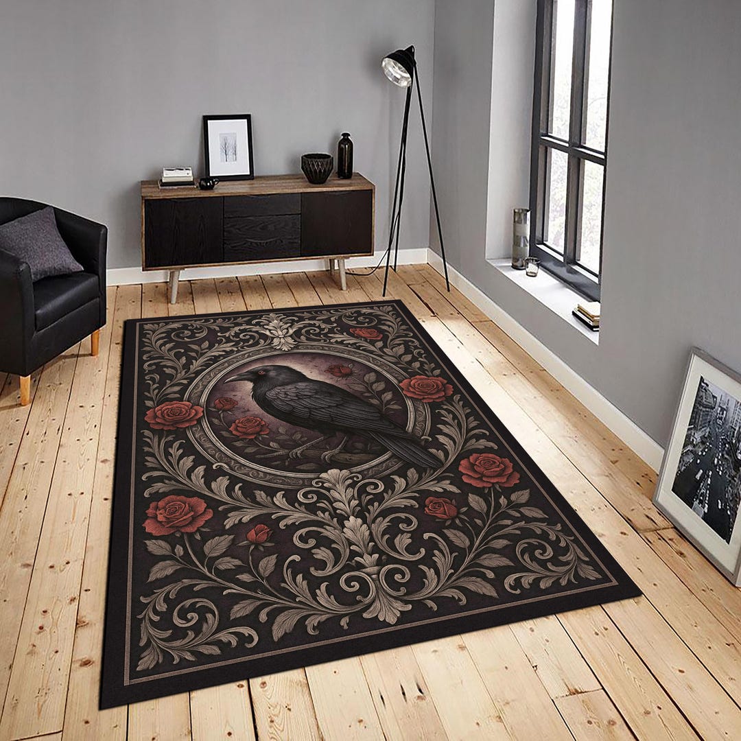 Baroque Raven Rug, Dark Gothic Bird With Roses Area Rug, Victorian ...