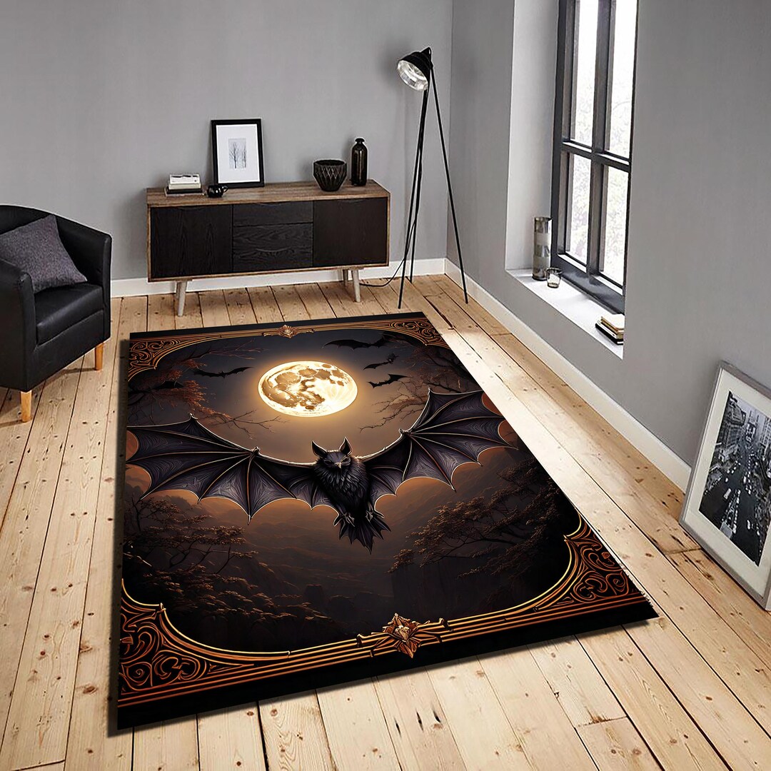 Gothic Moon & Bat Rug, Dark Academia Aesthetic Carpet, Mystical ...