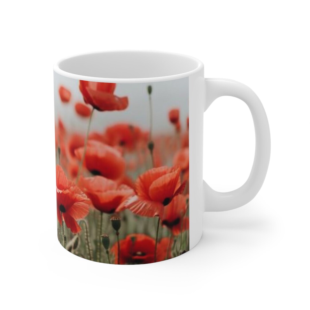 Poppies Coffee Cup. Field of Poppies Design. Tea Mug, Coffee Mug, Red ...