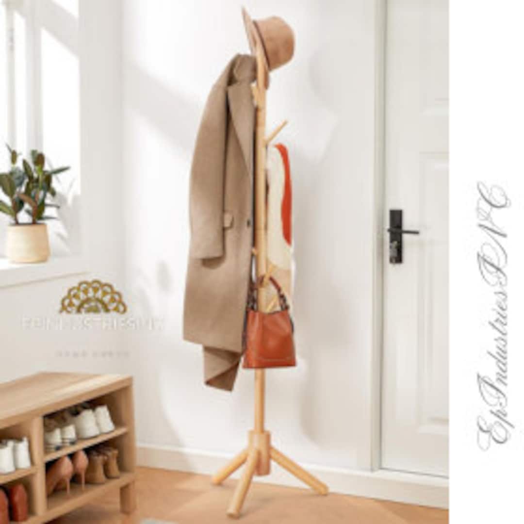 Wooden Coat Rack Stand | Freestanding With 8 Hooks | Coat Tree With 3 ...