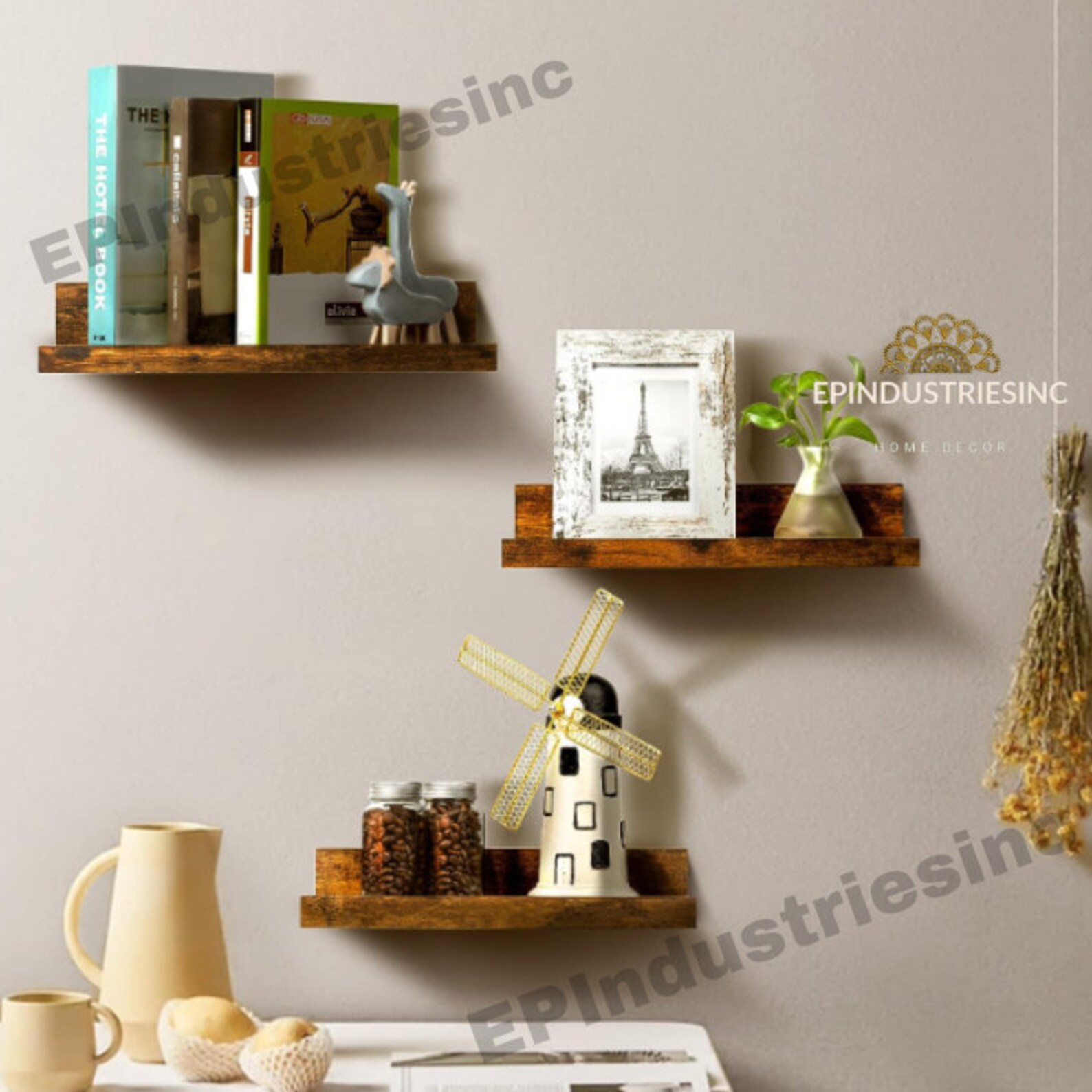 Set of 5 Wooden Wall Shelves Wall Mounted Wood Shelves Floating Shelf ...