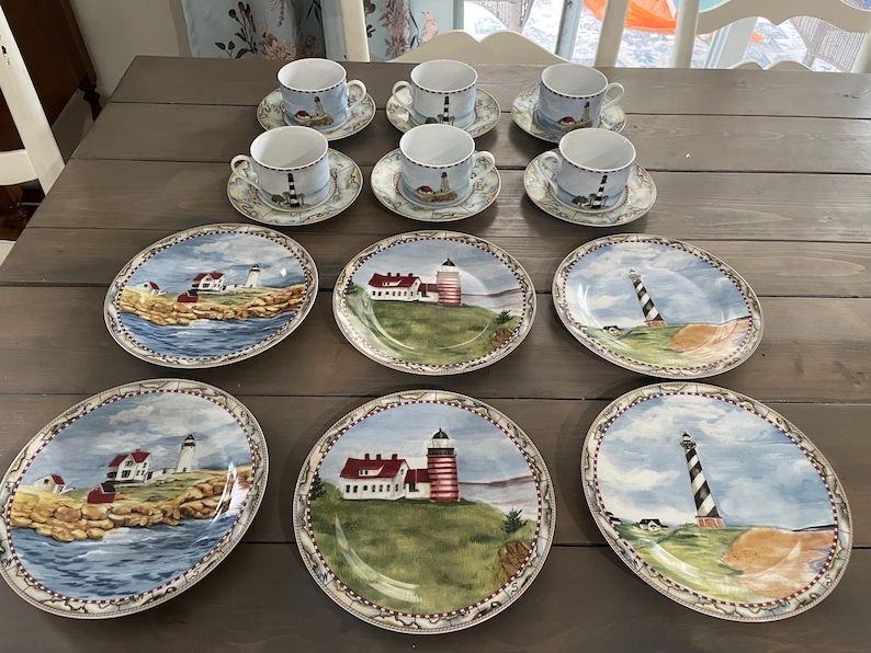 American Atelier Lighthouse Tea Set: 6 Cups, Saucers & Plates - Etsy