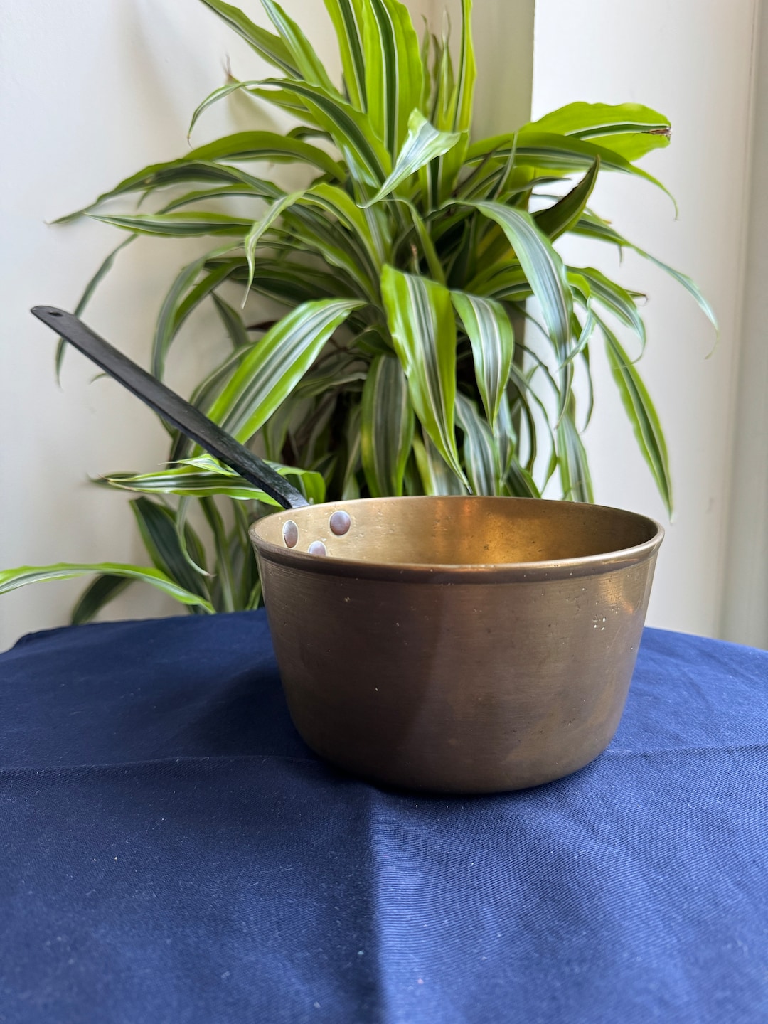 Antique Solid Brass Sauce Pan With Iron Handle & Rivets, Vintage Brass ...