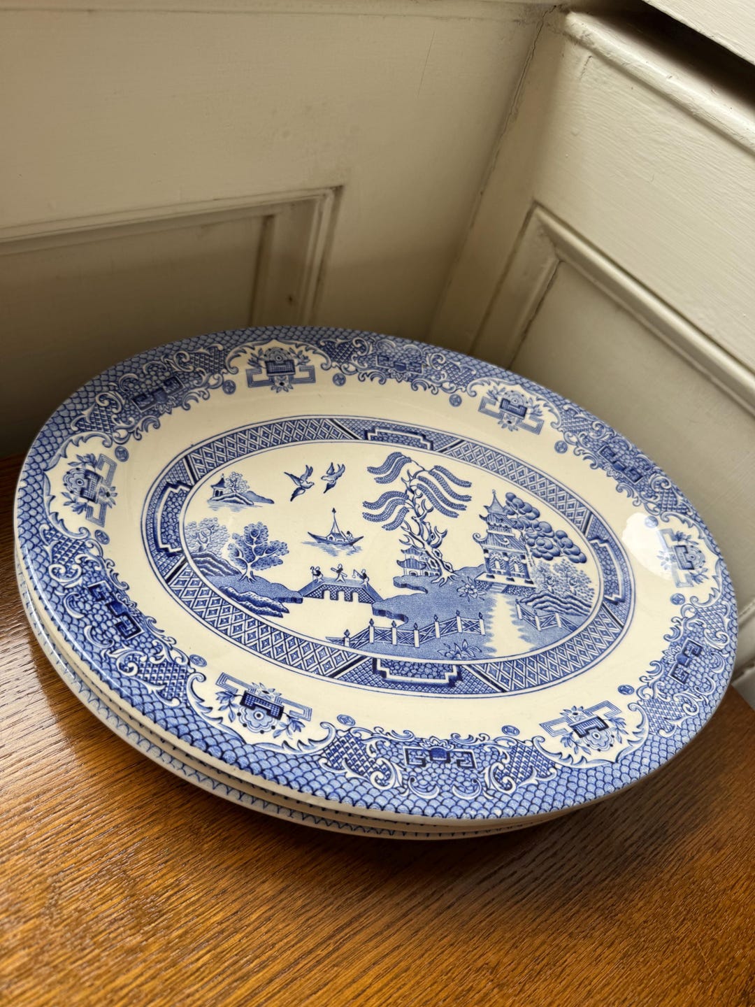English Ironstone Willow Pattern Platter, Blue and White Serving Plate ...