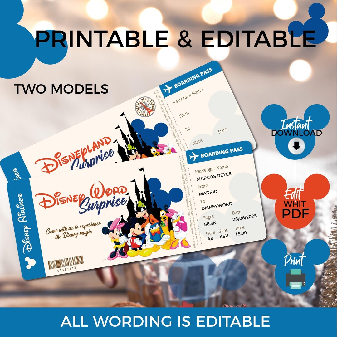 Editable Surprise Ticket for Disneyland, Disneyworld, Surprise Gift ...