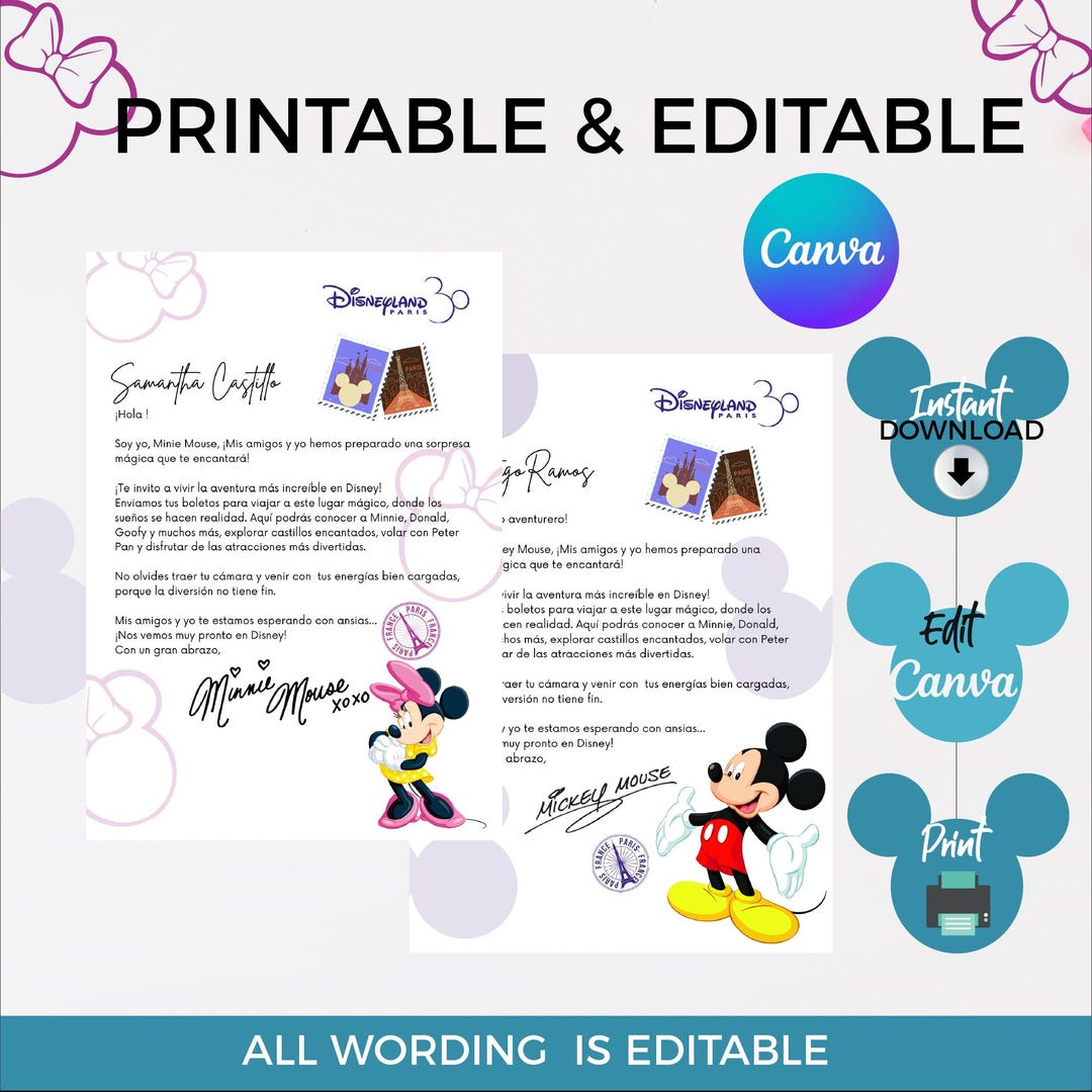 Editable Mickey and Minnie Travel Reveal Letters, Customizable and ...