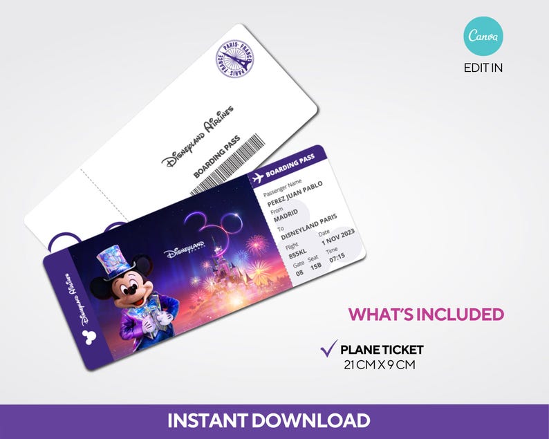 Editable Surprise Disneyland Mickey Mouse Travel Ticket. Instant ...