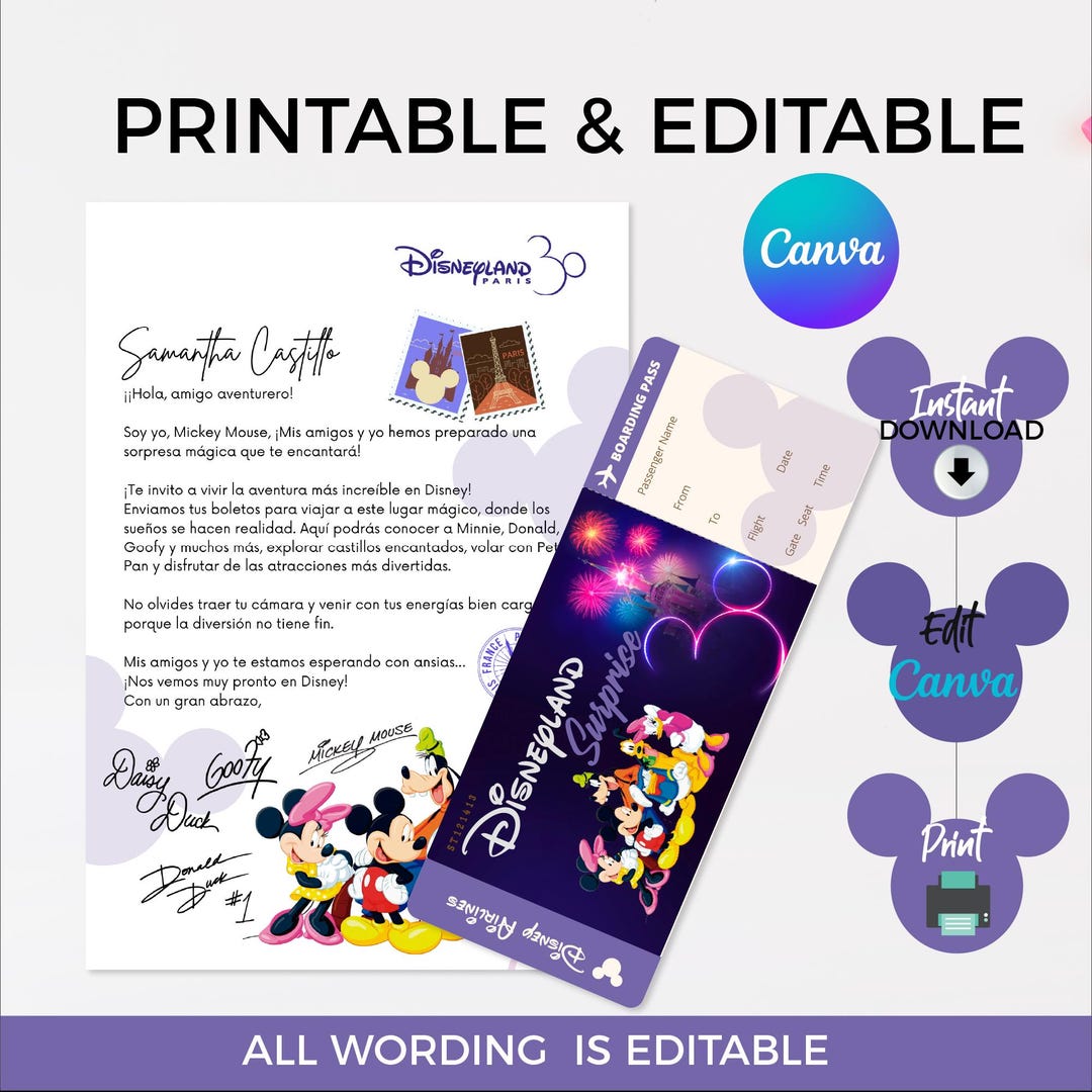 Editable Disneyland Paris Surprise Trip Reveal Letter and Ticket ...