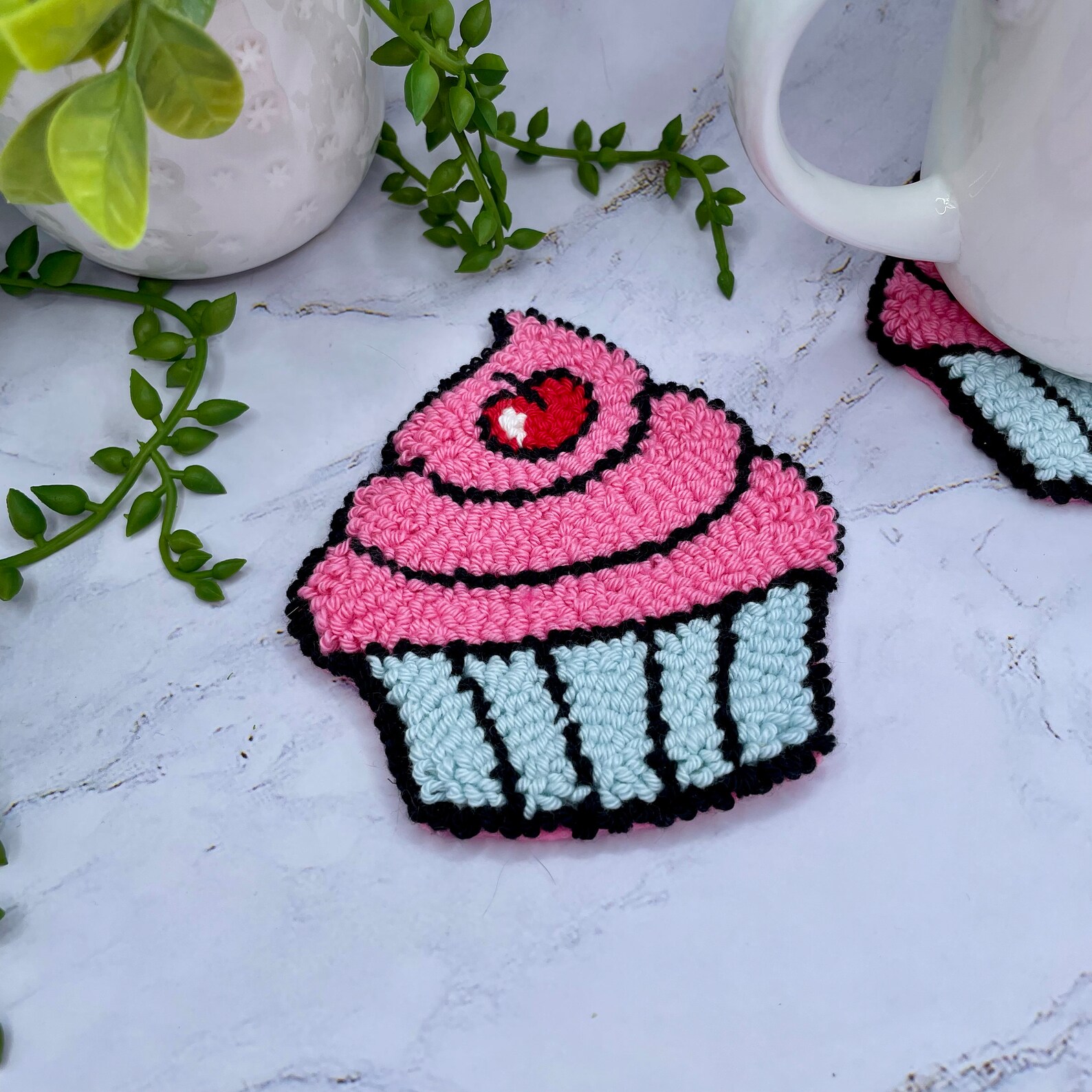 Comic Style Cupcake Tufted Mug Rug Cute Handmade Punch Needle Coaster ...