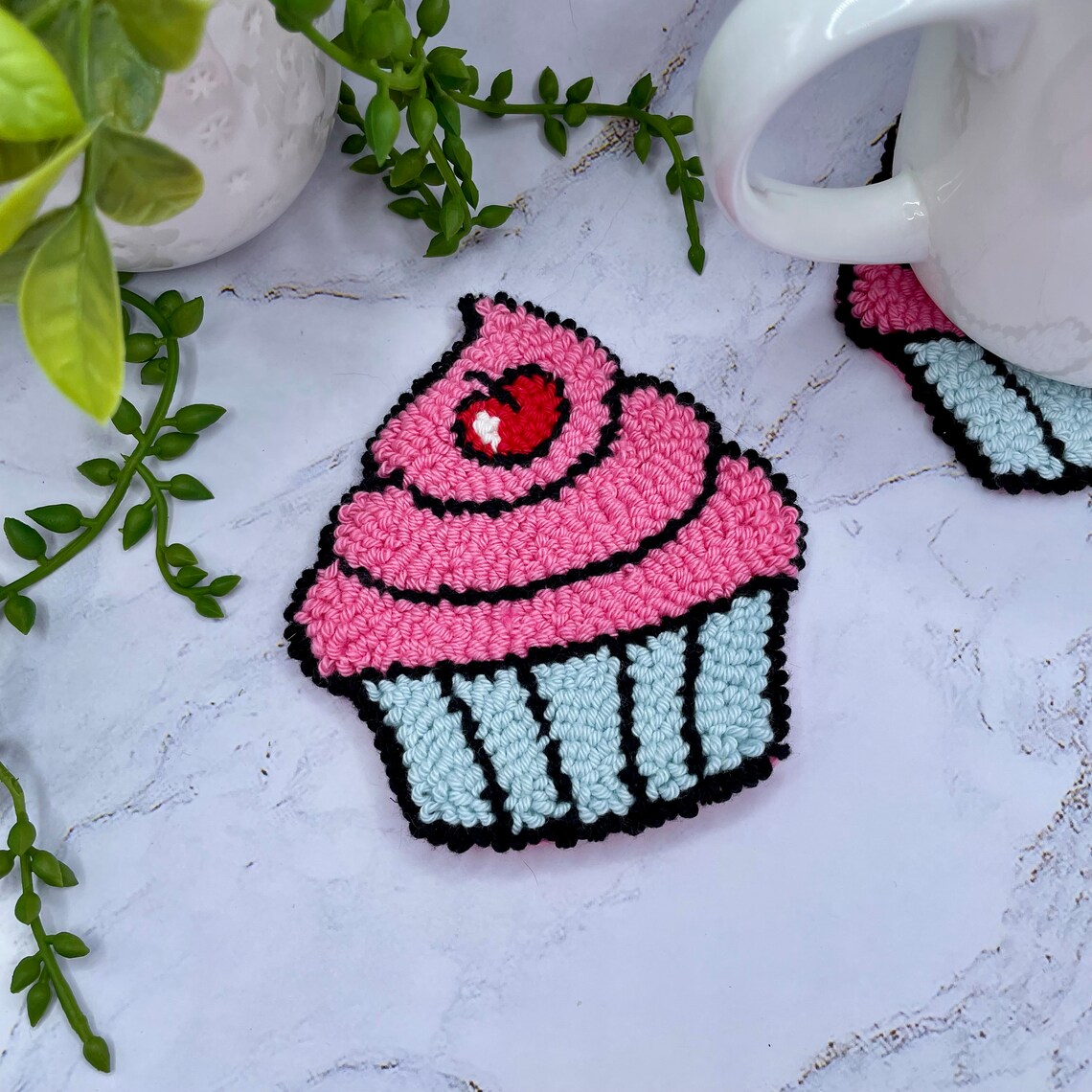 Comic Style Cupcake Tufted Mug Rug Cute Handmade Punch Needle Coaster ...