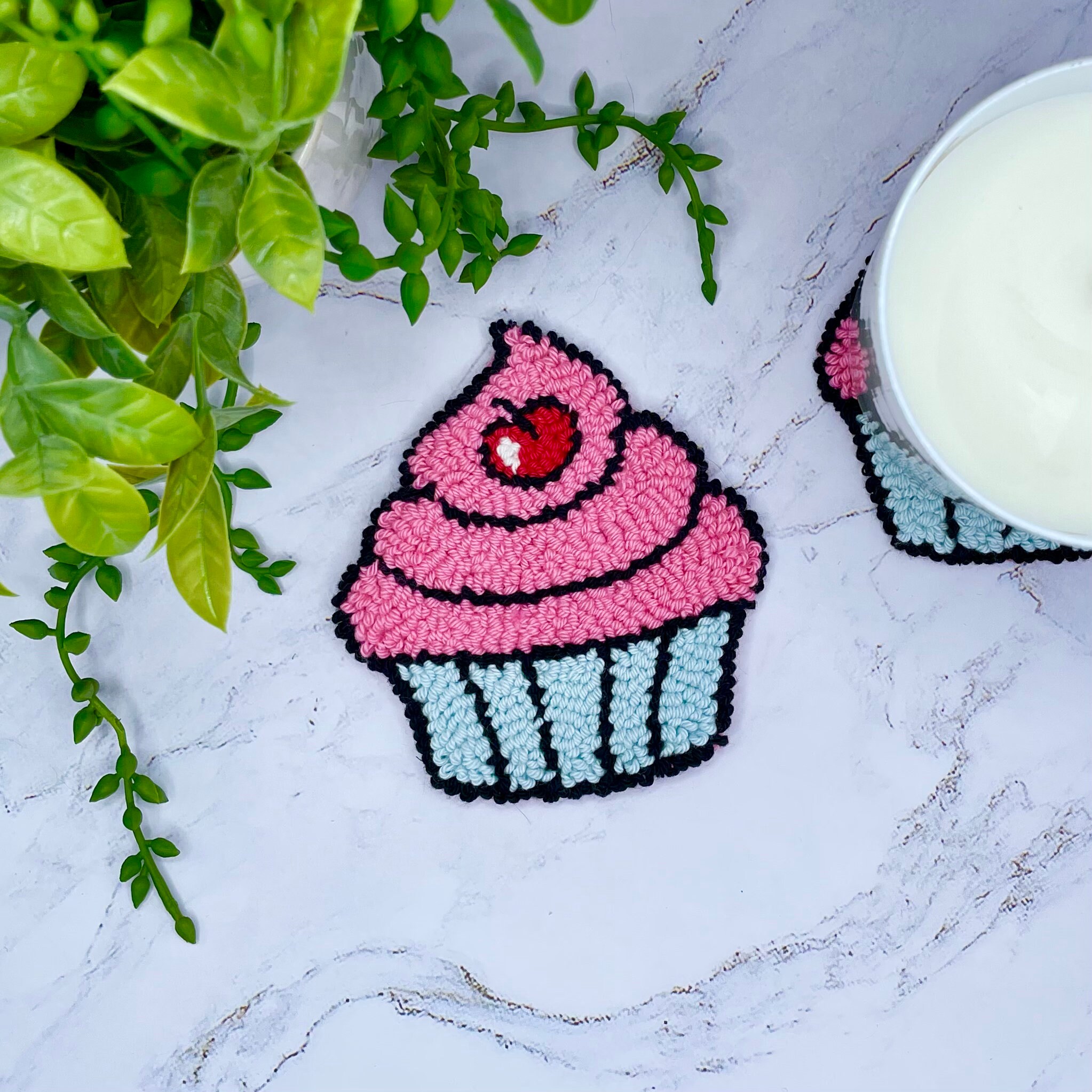 Comic Style Cupcake Tufted Mug Rug Cute Handmade Punch Needle Coaster ...
