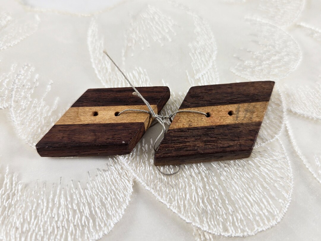 Two Duo Tone Laminated Vintage Wooden Buttons, Rhomboid Shaped Wood ...
