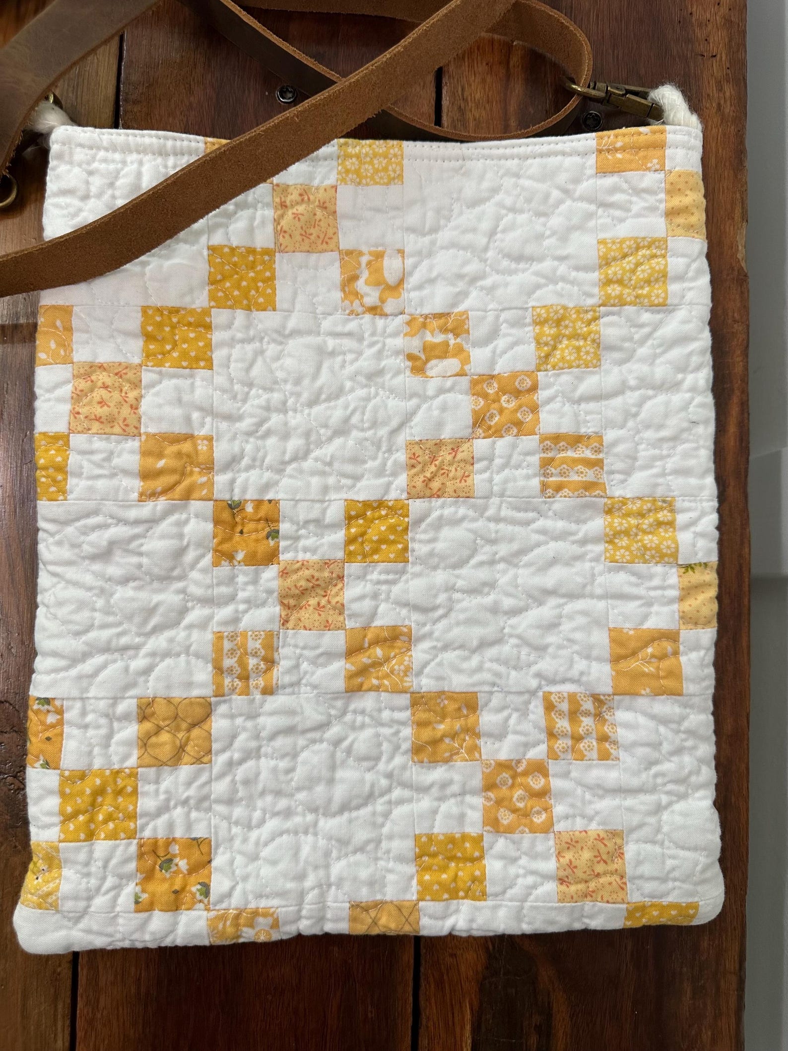 Handmade Quilted Cotton Purse: Yellow Irish Chain Design With Leather ...