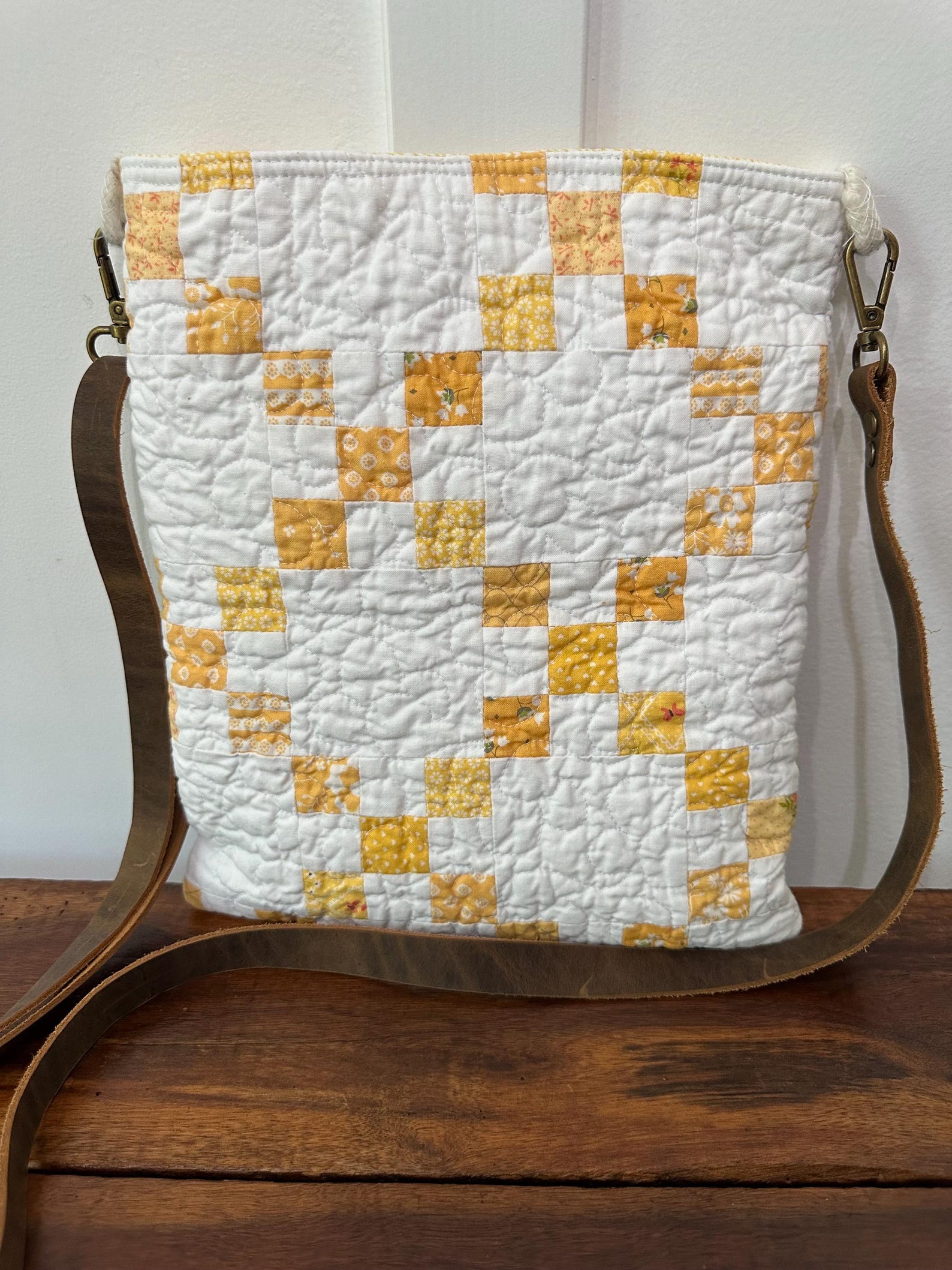 Handmade Quilted Cotton Purse: Yellow Irish Chain Design With Leather ...