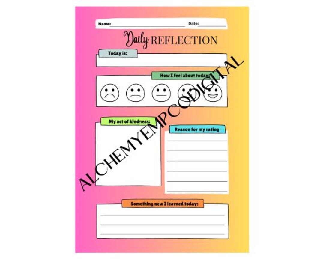 Daily Reflection Printable Worksheet - Color & Black White - Digital ...