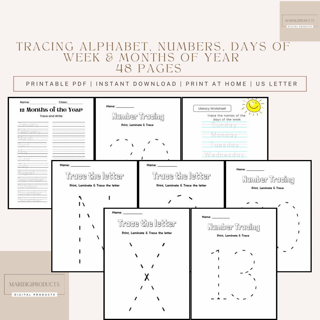 Tracing, Alphabet, Numbers, Days of the Week, Months of the Year, Pre-k ...