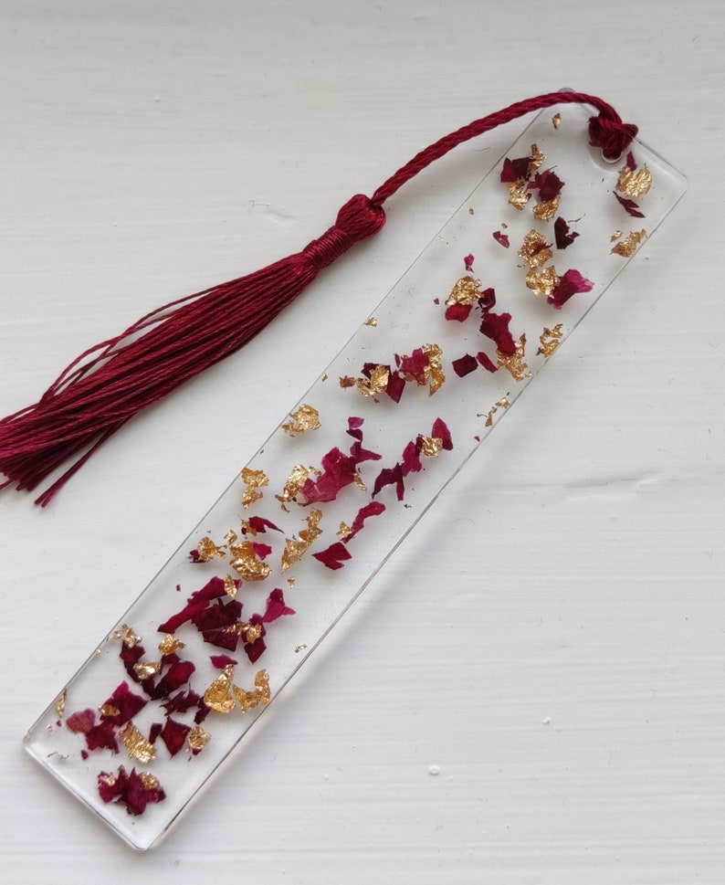 Personalised Handmade Dried Rose Petal and Gold Foil Resin Bookmark ...