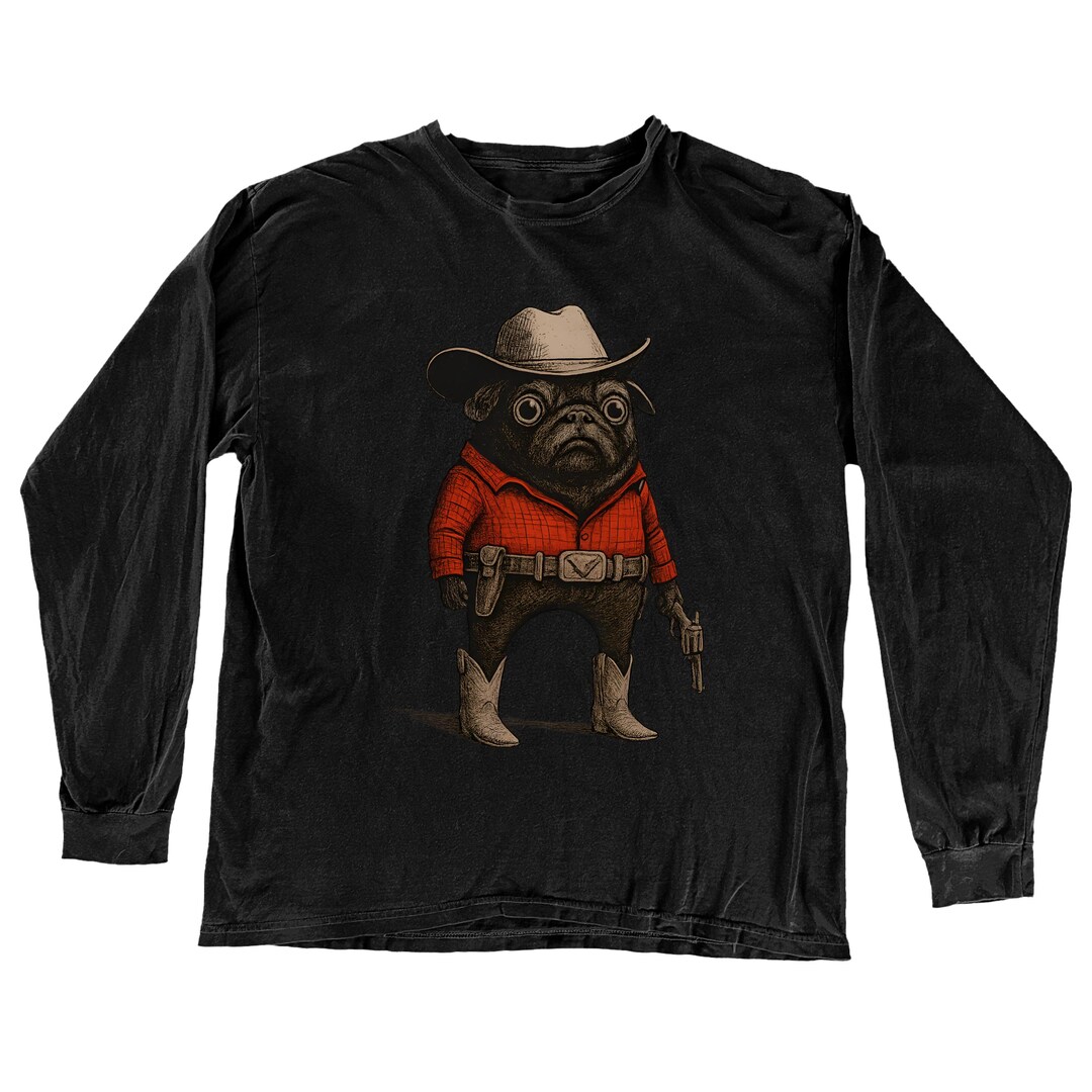 Cowboy Pug Dog Funny Western Outfit Long Sleeve T-shirt, Red Pug Cowboy ...
