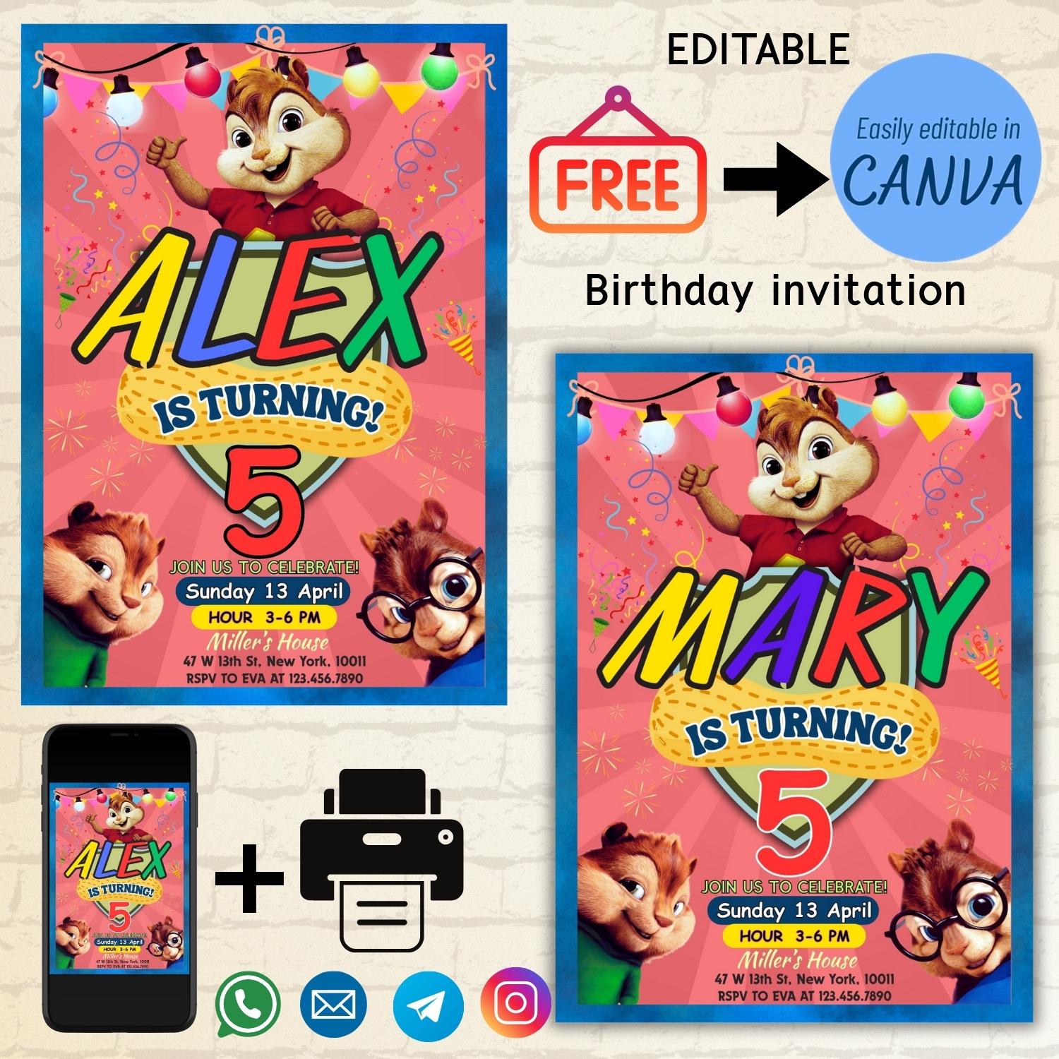 Alvin and Chipmunks Printable Party Invitation,editable Boys or Girls ...