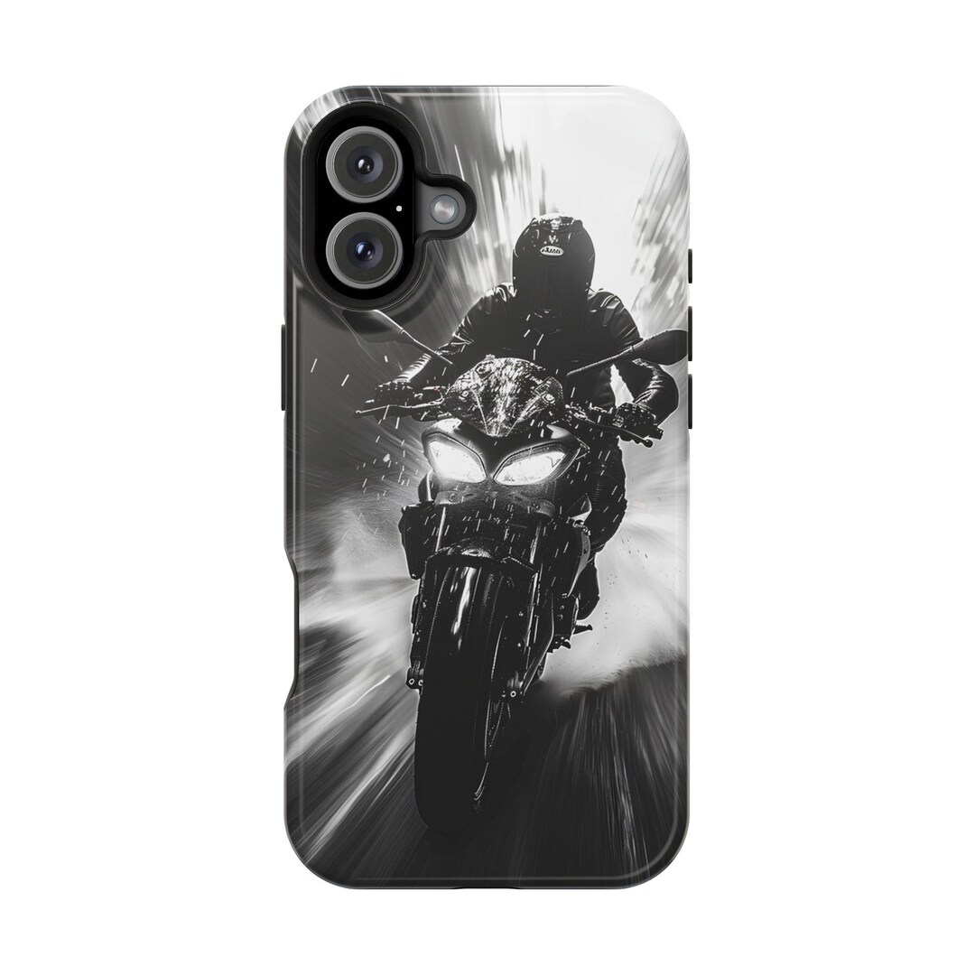 Black and White Rain Rider Street Bike Magsafe Tough Case iPhone 16,15 ...