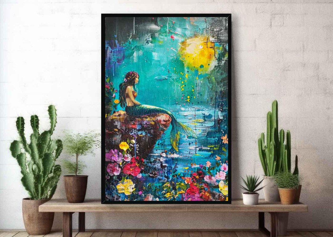 Mermaid at Sunrise Wall Art Print | Colorful Siren & Flowers Whimsical ...